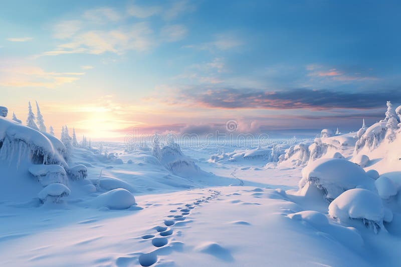 Generative AI Image of Winter Nature Landscape with Footprints on White ...