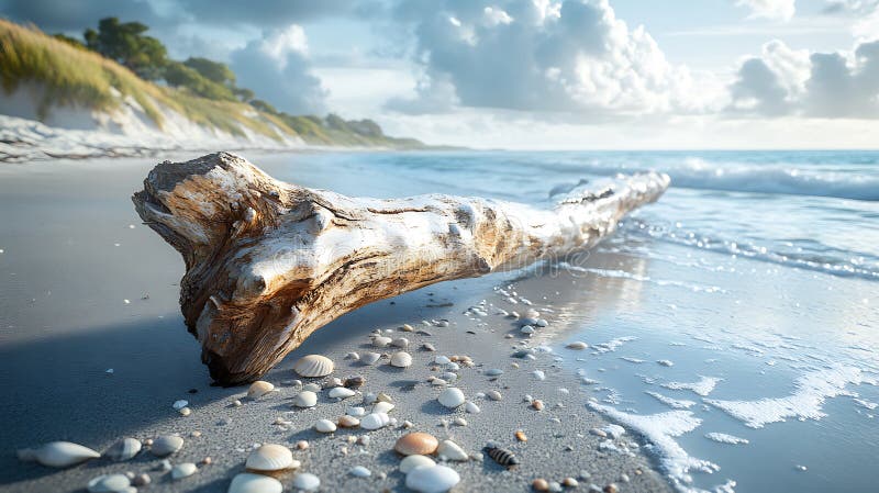 Generative AI Image of Wood Stranded on the Beach with Seashells in ...