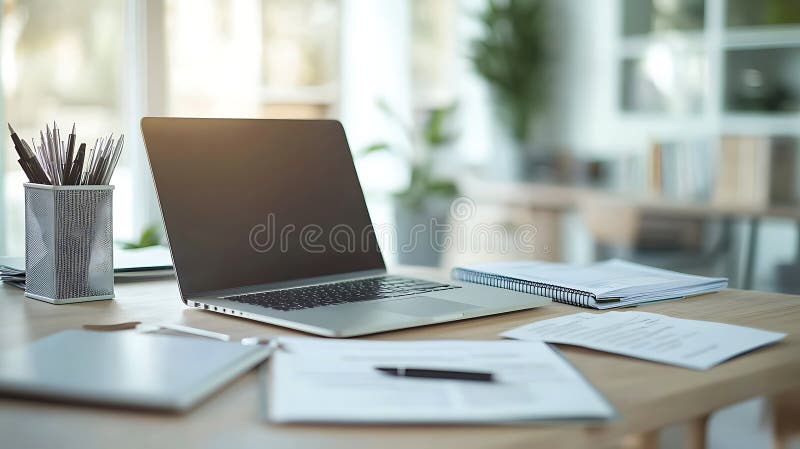 Generative AI Image of Workspace with Opened Laptop and Tasks Document ...