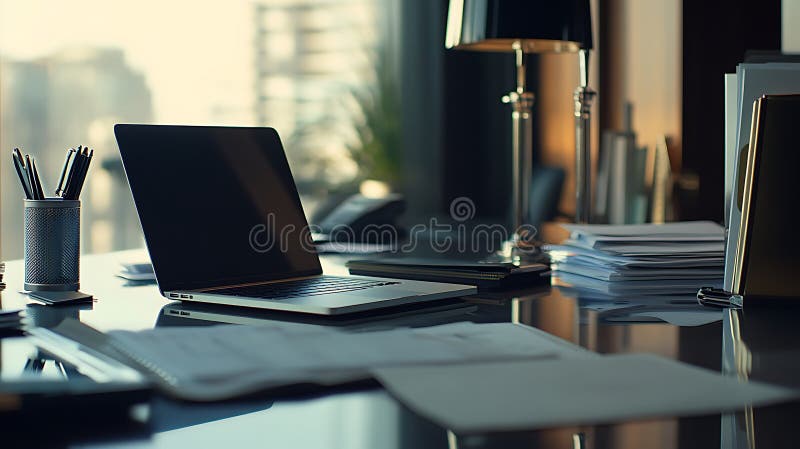 Generative AI Image of Workspace with Opened Laptop and Tasks Document ...