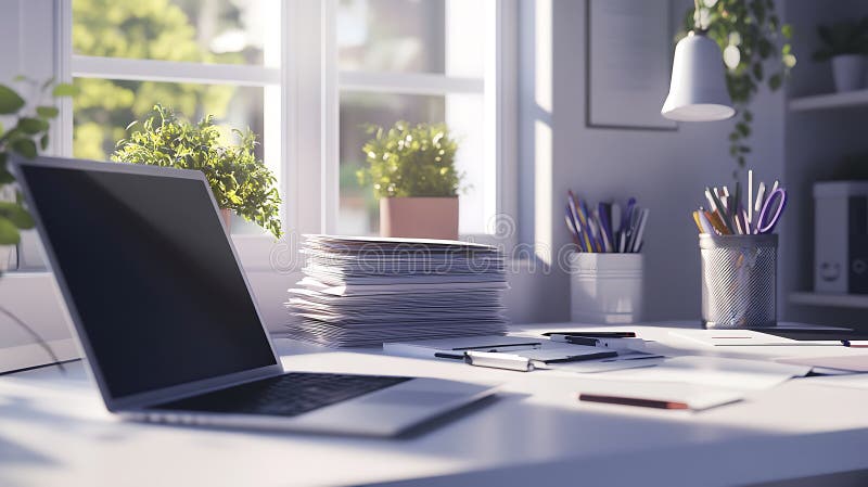 Generative AI Image of Workspace with Opened Laptop and Tasks Document ...