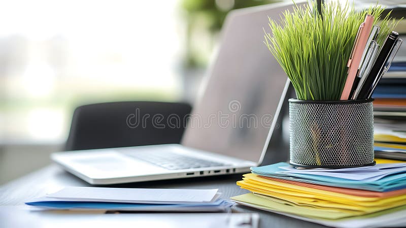 Generative AI Image of Workspace with Opened Laptop and Tasks Document ...