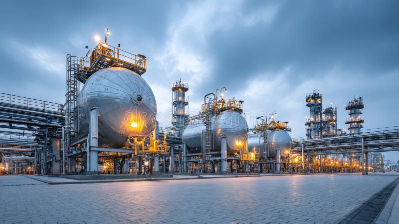 Generative AI Industrial Plant at Dusk Modern Chemical Processing Facility with Storage Tanks ...