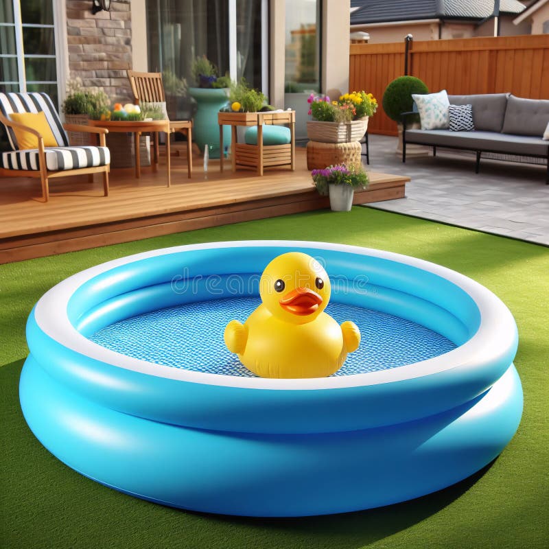 Generative AI, Inflatable Pool in a Backyard with Yellow Rubber Duck ...