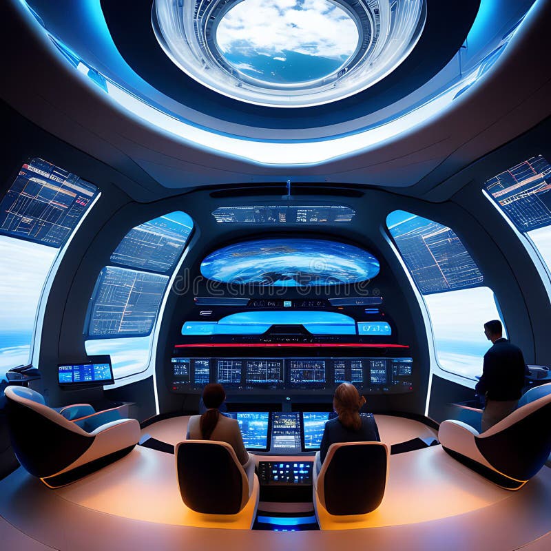 Interior Inside a Large Spaceship. the Astronauts at the Control Panel ...