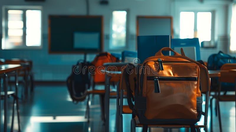 Generative AI Interior of Stylish Empty Classroom with Backpacks and ...