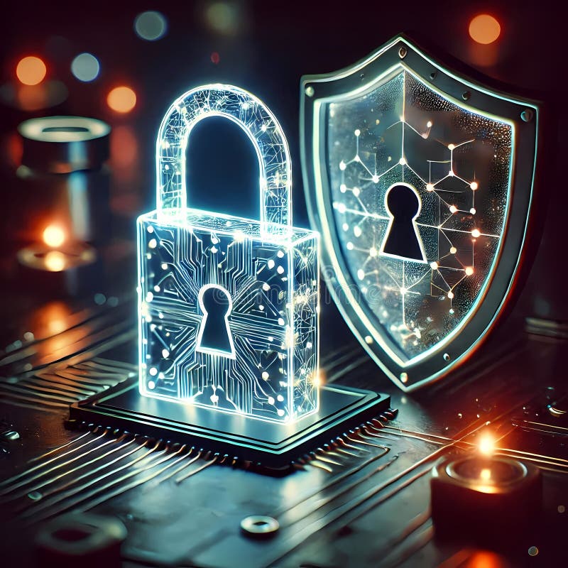 Padlock and Shield Hovering Above a Circuit Board. Stock Illustration ...