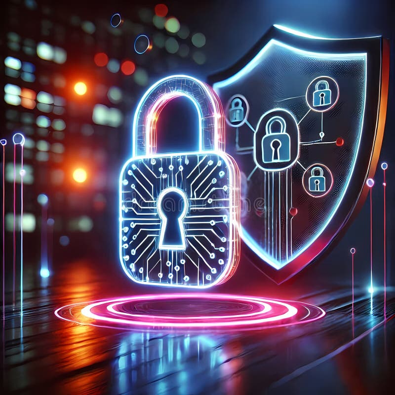 Glowing Padlock and Shield Hovering Above a Circuit Board. Stock ...