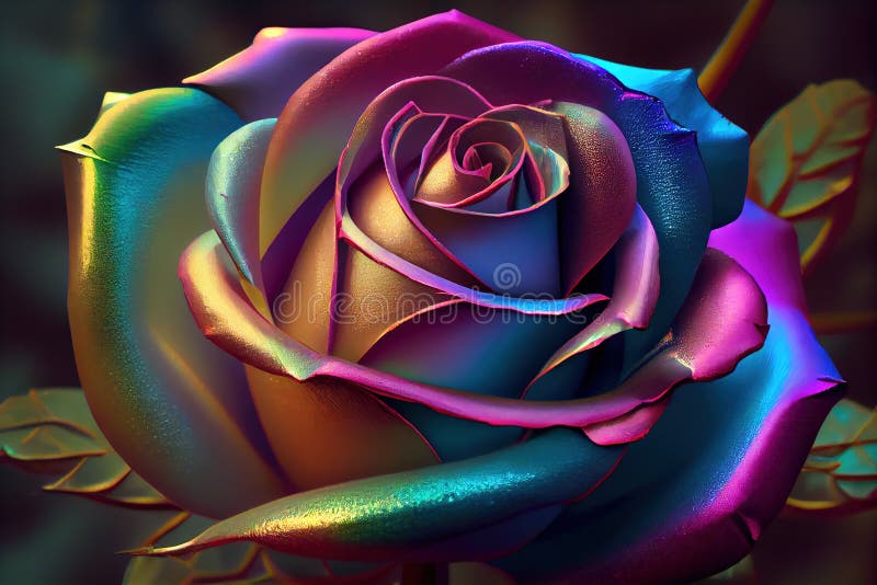 Generative AI: Iridescent Rose Soft Flower in a Black Background Stock ...