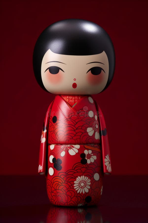 Generative Ai Japanese Kokeshi Doll With Short Hair And Kimono Stock