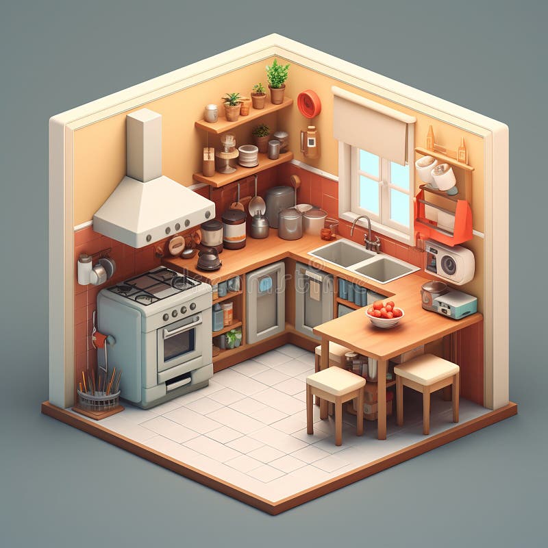 Generative AI a Kitchen Created in 3d Isometric Stock Illustration ...