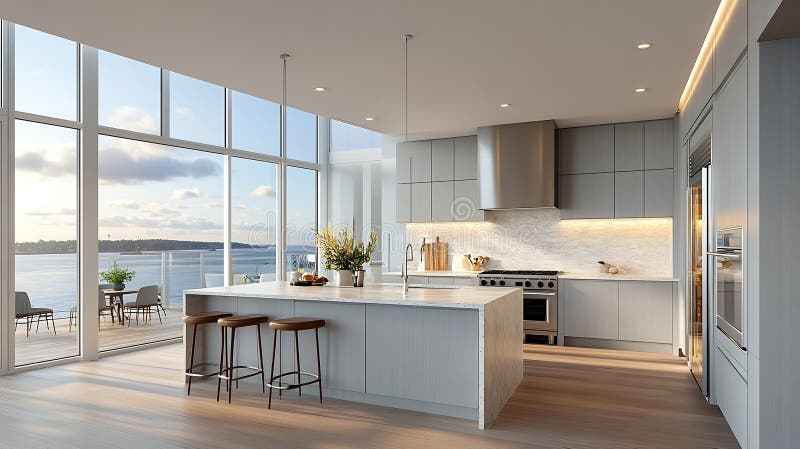 Generative AI Kitchen Interior of a Waterfront Condo Light Grey ...