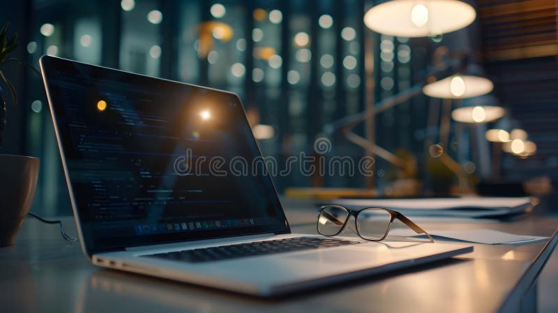 Generative AI Laptop Computer Notebook and Eyeglasses Sitting on a Desk ...