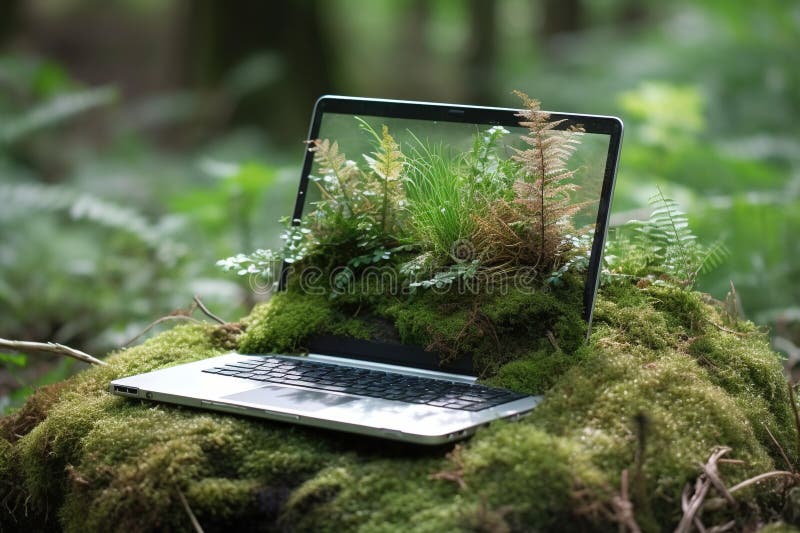 Generative AI, Laptop Covered in Moss and Plants. Nature and Technology ...