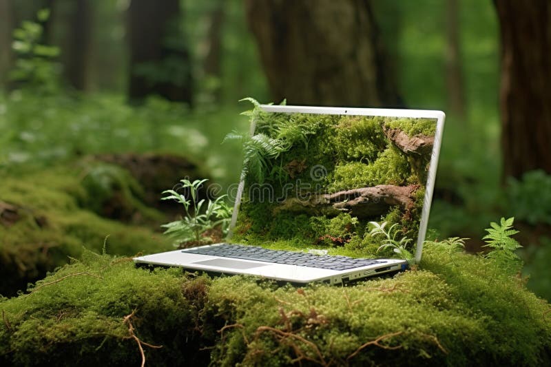 Generative AI, Laptop Covered in Moss and Plants. Nature and Technology ...