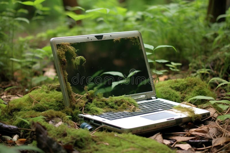 Generative AI, Laptop Covered in Moss and Plants. Nature and Technology ...