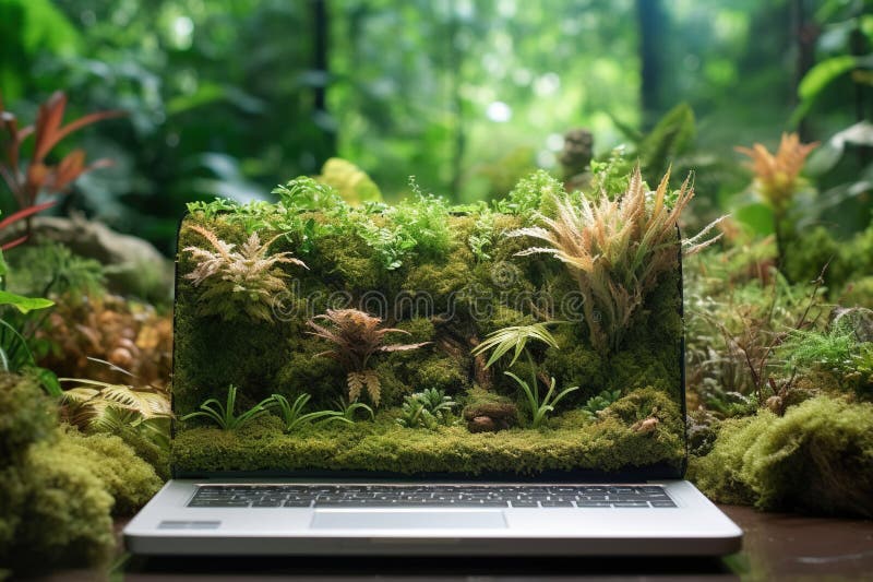 Generative AI, Laptop Covered in Moss and Plants. Nature and Technology ...