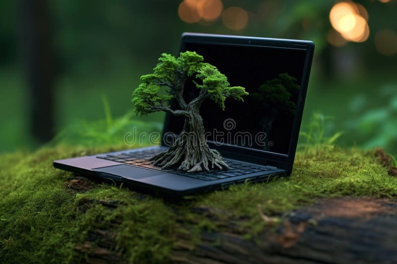 Generative AI, Laptop Covered in Moss and Plants. Nature and Technology ...