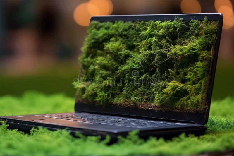 Generative AI, Laptop Covered in Moss and Plants. Nature and Technology ...
