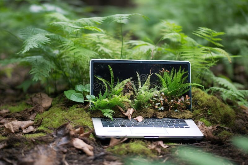 Generative AI, Laptop Covered in Moss and Plants. Nature and Technology ...