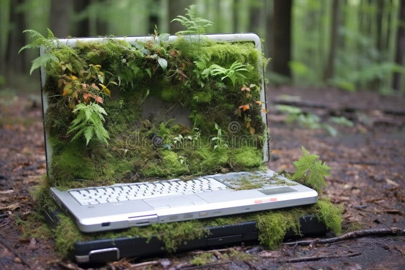 Generative AI, Laptop Covered in Moss and Plants. Nature and Technology ...