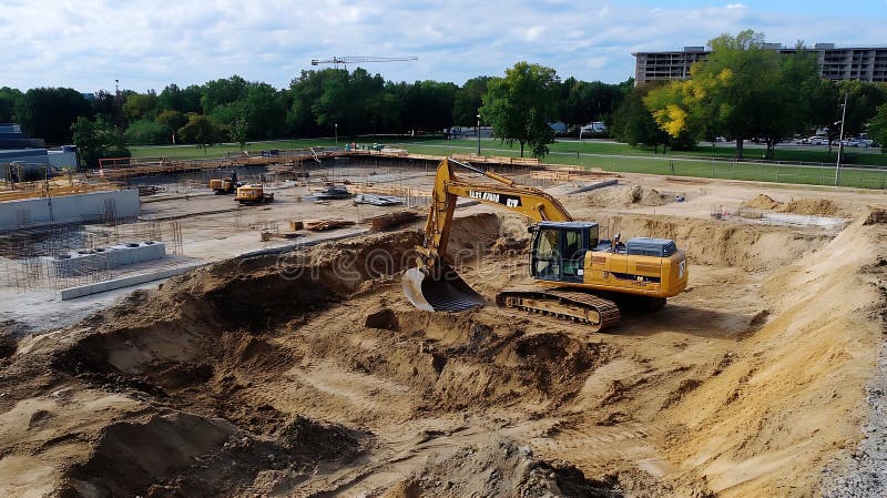 Generative AI Large Construction Site with Excavator Digging at Urban ...