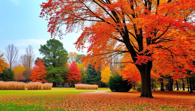 The Image Depicts a Vibrant Autumnal Scene with a Prominent Red-orange ...