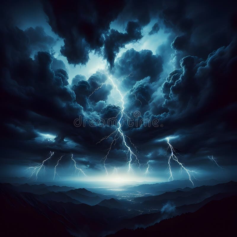 Generative AI Lightning in the Night Sky Stock Illustration ...