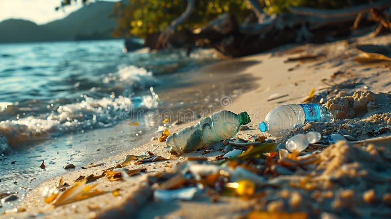 Generative AI Litter at the Sandy Beach Plastic Waste Left on the Beach ...