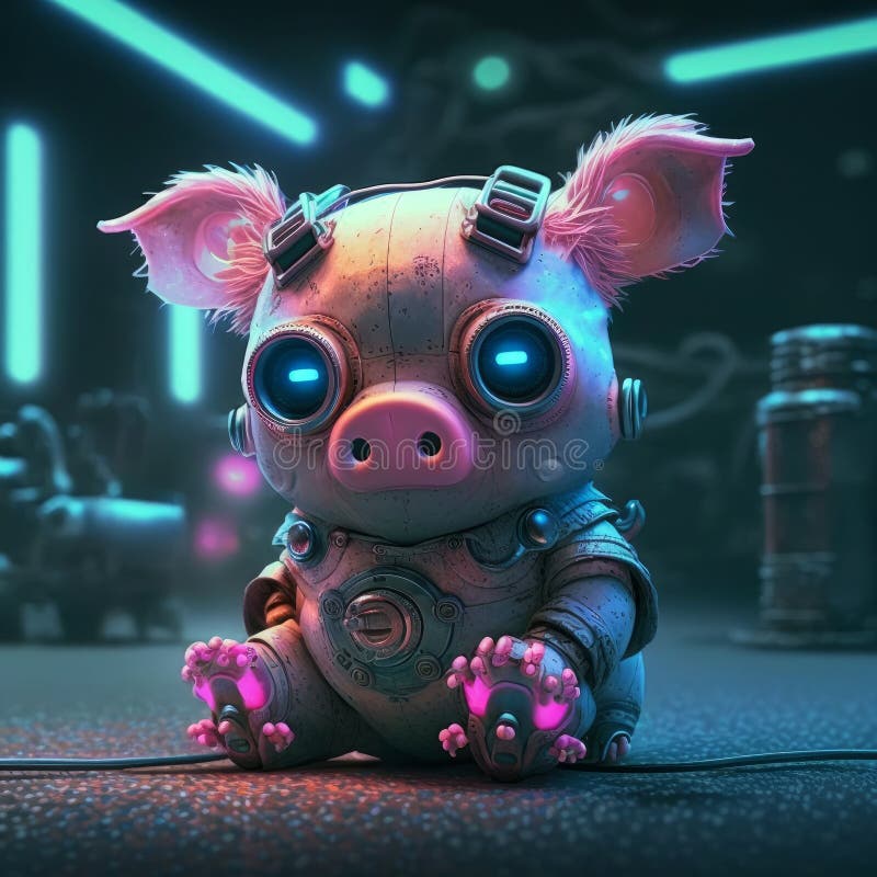 Generative AI of a Little Robot Pig on a Dark Background with Neon ...