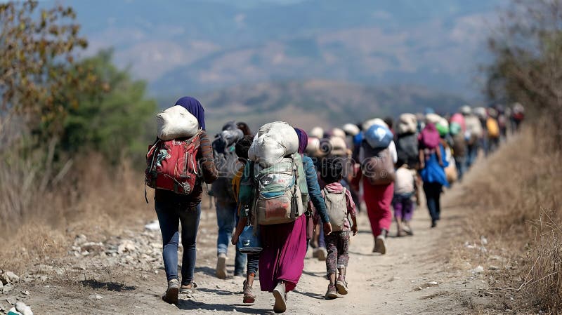 Generative AI Long Line of Determined Refugees Walking Together with Burdens on Their Backs ...