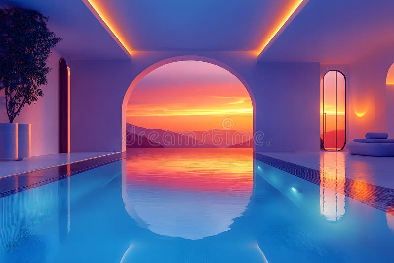 Generative AI. Luxurious Infinity Pool Reflecting Vibrant Sunset in Modern Villa Stock ...