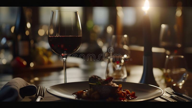 Generative AI Luxury Dinner Served on the Table with Glass of Red Wine ...