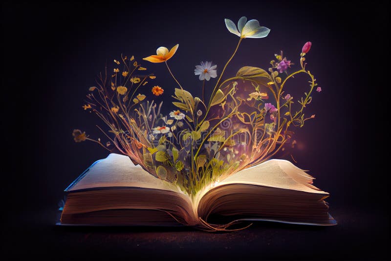 Generative AI: Magic Book with Flowers Coming Out of it and Glowing ...
