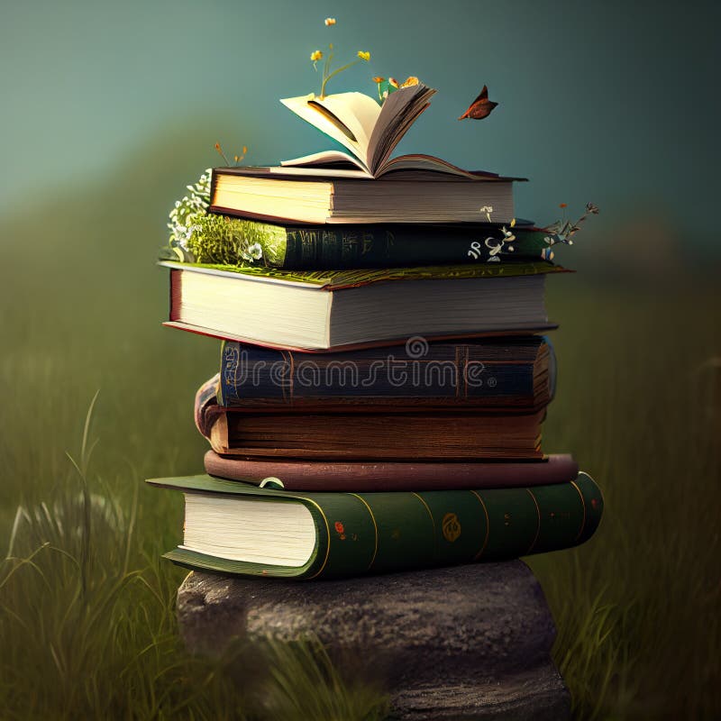 Generative AI:magic Book Stack with Flowers in a Meadow on Stones Stock ...