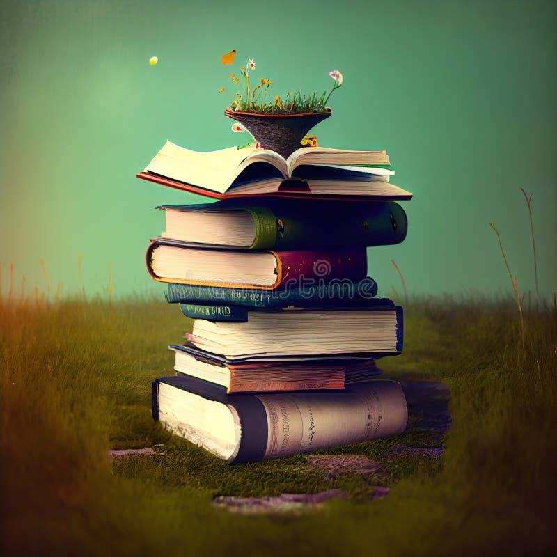 Generative AI:magic Book Stack with Flowers in a Meadow on Stones Stock ...