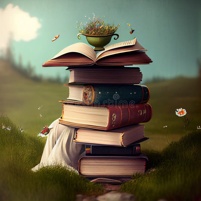 Generative AI:magic Book Stack with Flowers in a Meadow on Stones Stock ...
