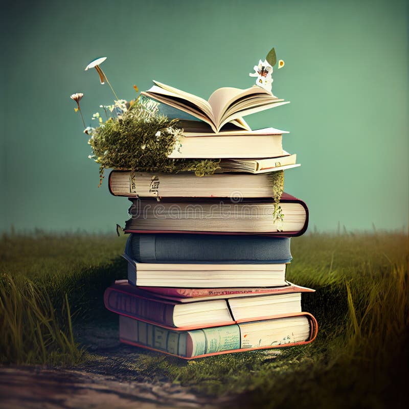 Generative AI:magic Book Stack with Flowers in a Meadow on Stones Stock ...