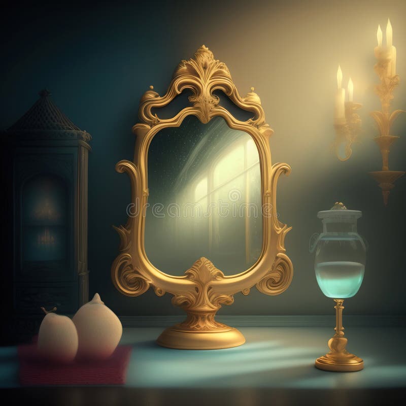 Generative AI: Magic Mirror in a Fantasy Room Stock Illustration ...