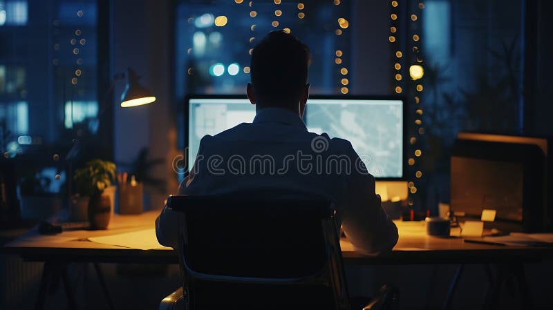 Generative AI Man Sitting Alone in Office Late at Night Watching ...