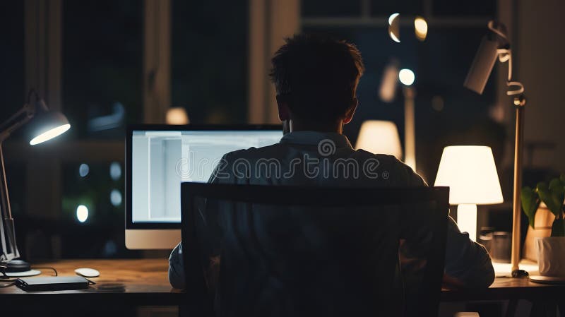 Generative AI Man Sitting Alone in Office Late at Night Watching ...