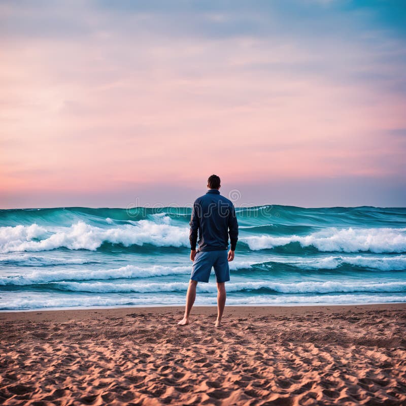 Generative Ai A Man Standing On The Beach Watching The Waves At Sunset Stock Illustration