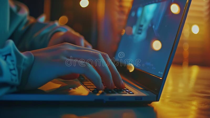 Generative AI Man Use Laptop Computer To Watching and Live Streaming ...