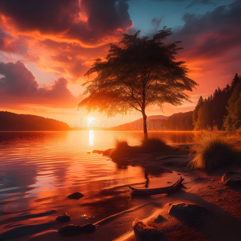 Generative AI, Midsummer Solstice Sunset Lake Landscape Stock ...