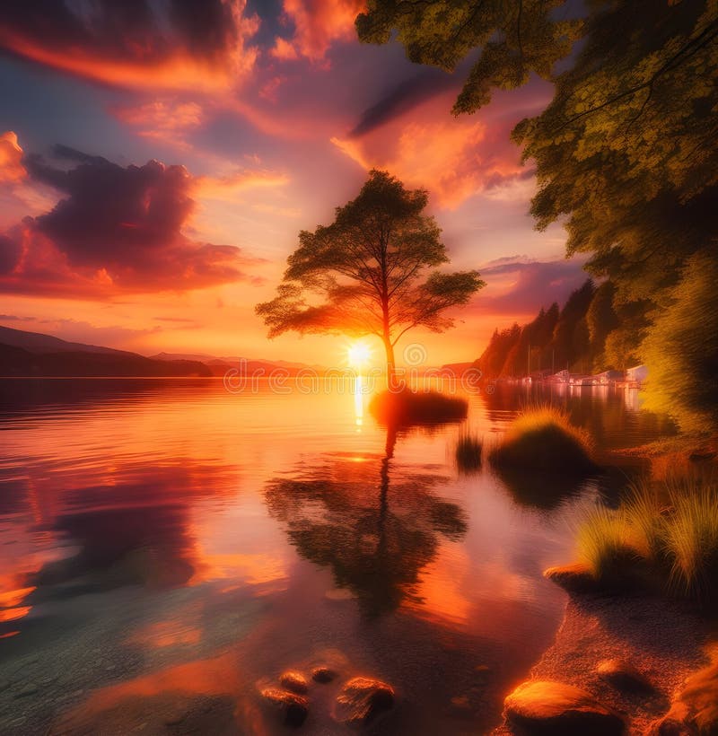 Generative AI, Midsummer Solstice Sunset Lake Landscape Stock ...