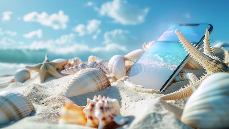 Generative AI Mobile Phone Screen with Shells on the Sandy Beach with ...