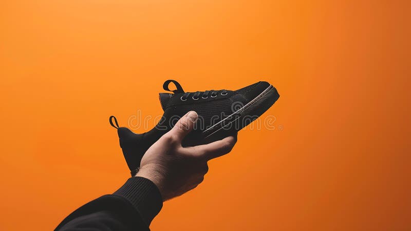 Generative AI Modern Black Sneaker Held by a Mans Hand Isolated on a ...