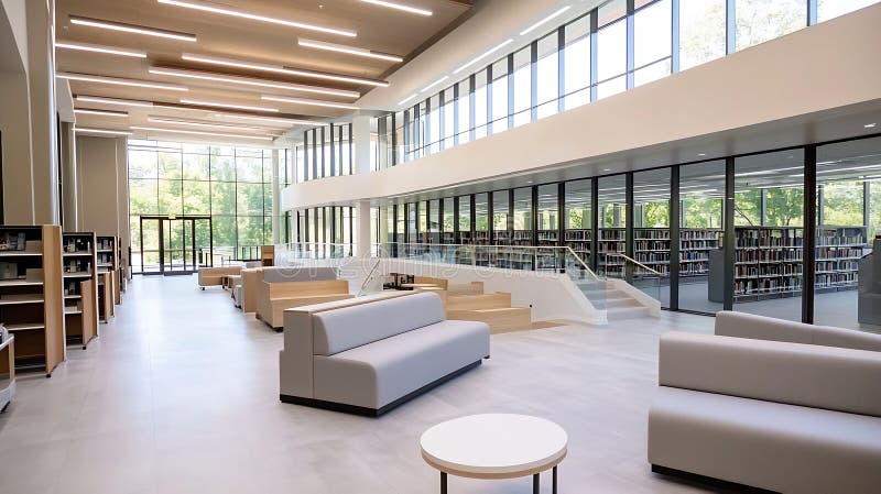 Generative AI Modern Bright Library Interior with Open Space and ...