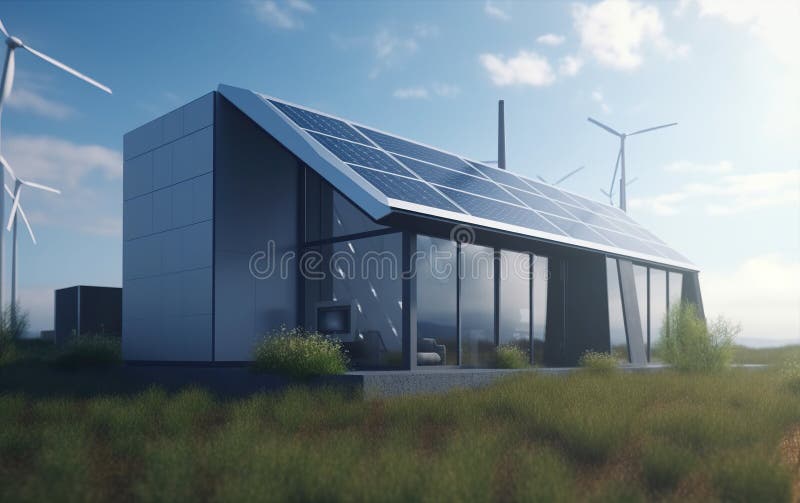 Generative AI of a Modern Building with Solar Panels and Wind Turbines ...
