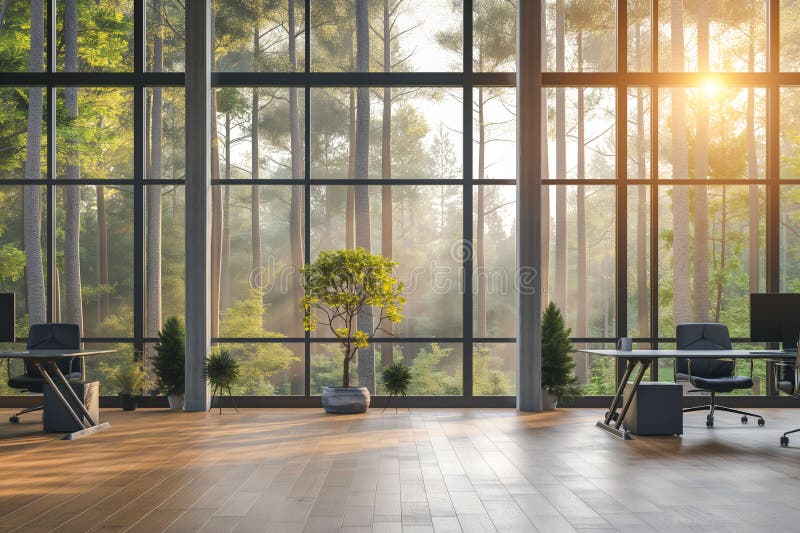 Modern Corporate Office Open Space with Forest Outside the Window ...